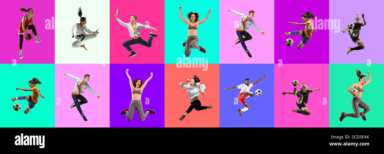 Collage of portraits of 8 young jumping people on multicolored ...