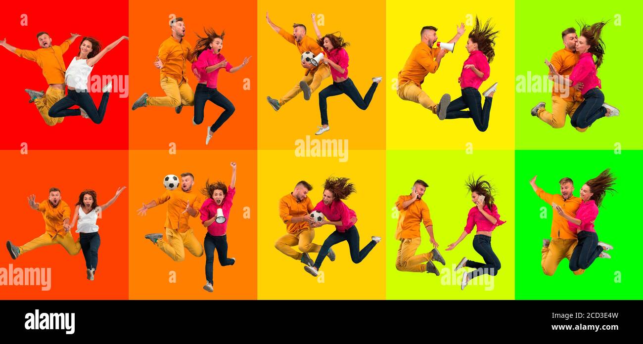Collage of portraits of 2 young jumping people, couple on multicolored ...