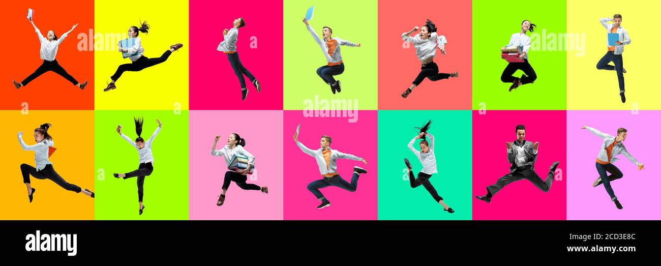 Collage of portraits of 4 young jumping people on multicolored ...
