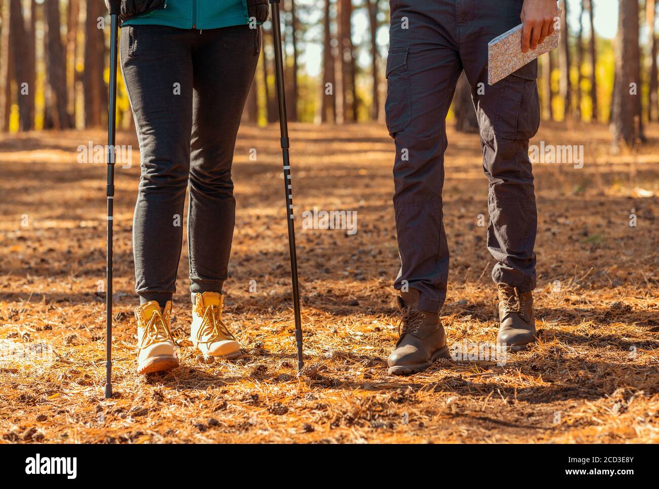 Legs of two hikers walking by forest Stock Photo - Alamy