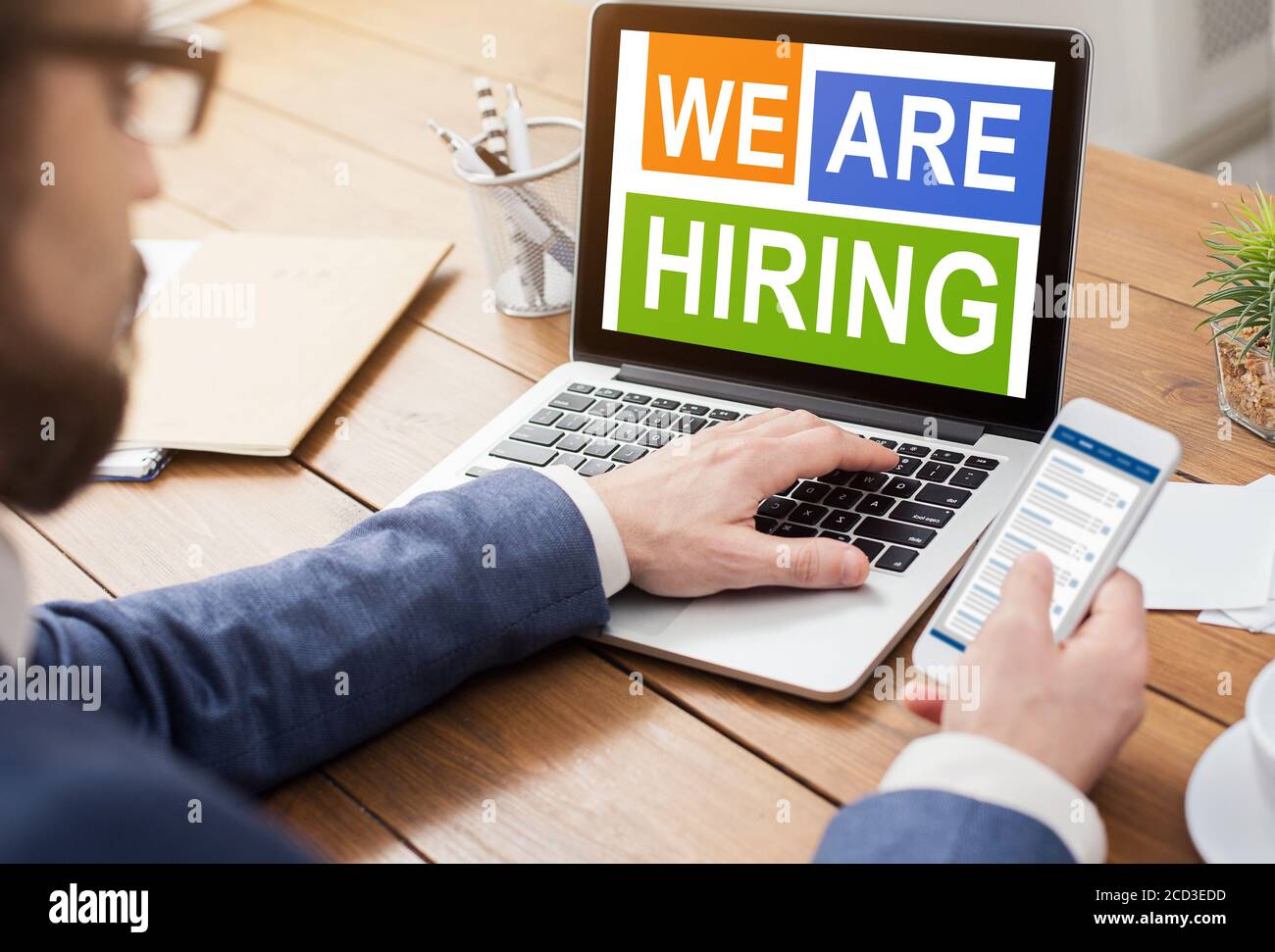 Office worker searching for job on laptop, collage with words WE ARE ...