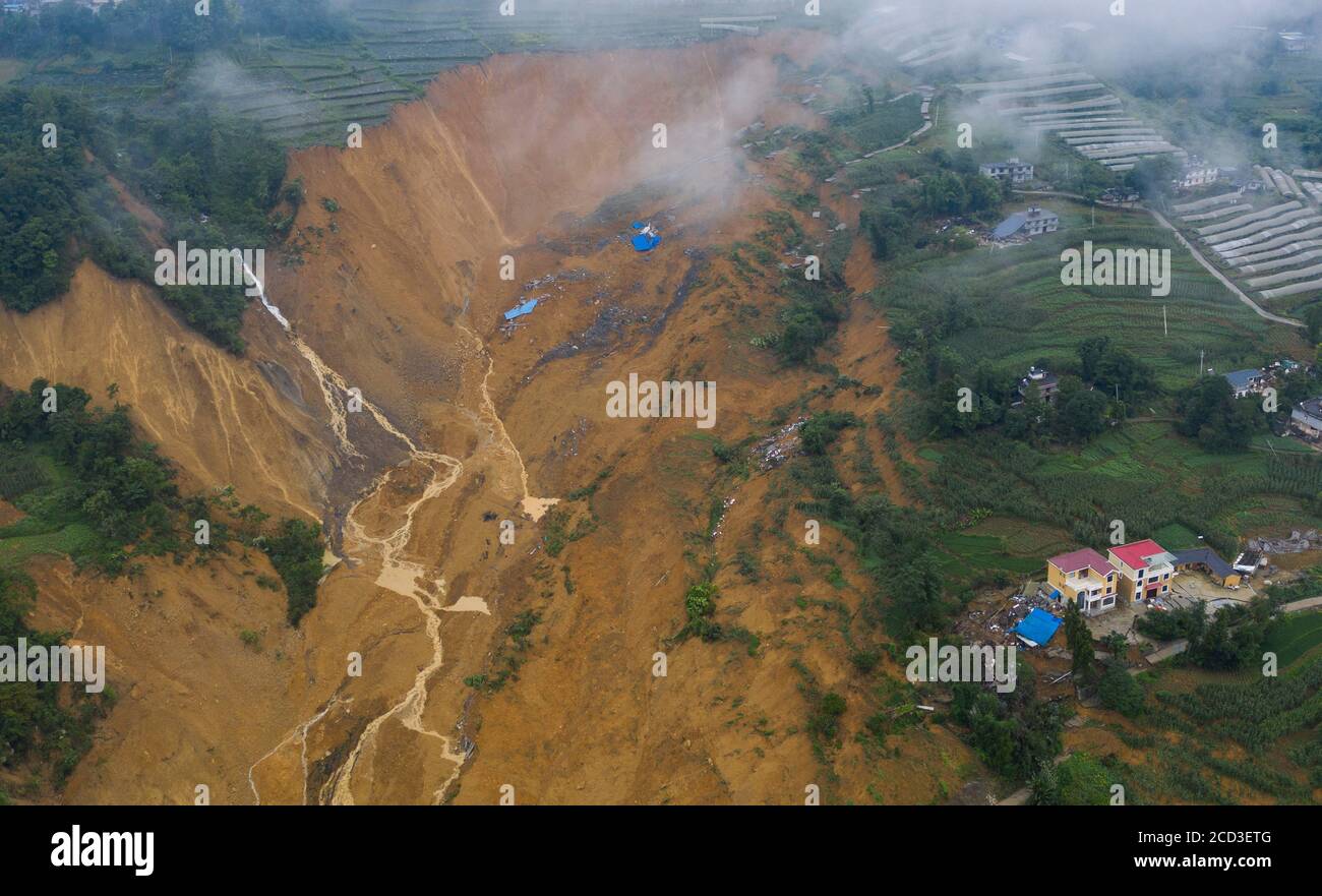 Aerial view of Qingjiang River turning into yellow due to landslide ...
