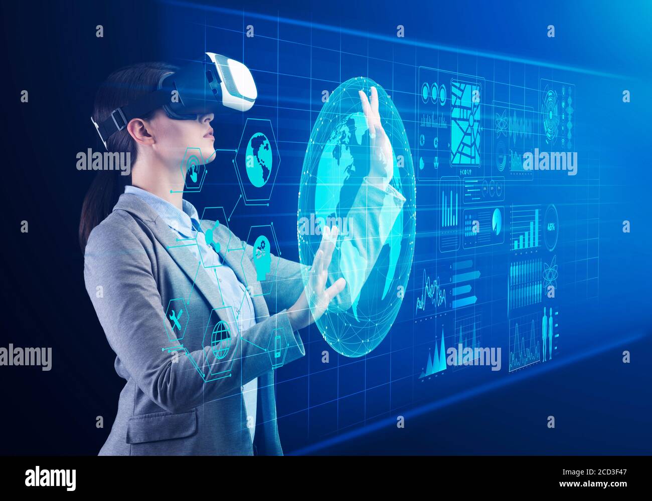 Future Technologies For Business. Young Businesswoman Wearing VR ...