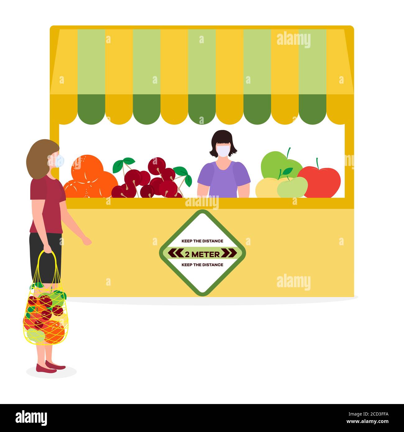 Vector illustration People Social distancing Market Selling vegetables ...