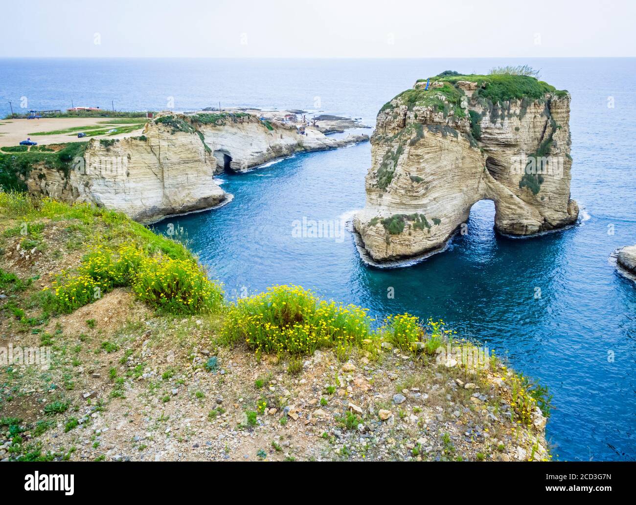 The famous landmark Pigeon Rock, in the upmarket district of Raouché ...