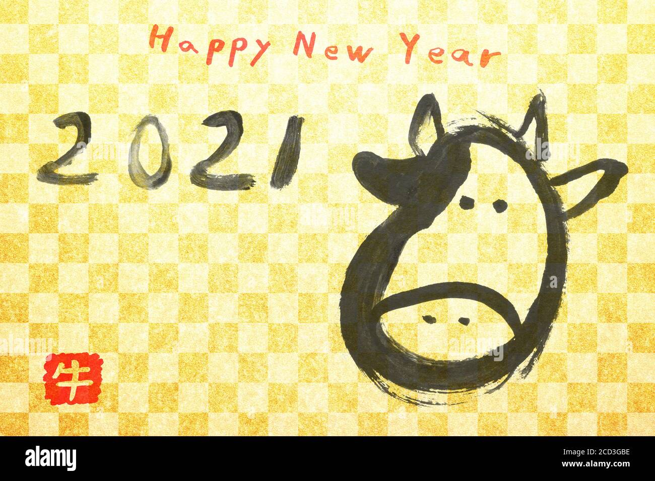 year of the ox, hand paint black ink stroke image on gold check paper ...