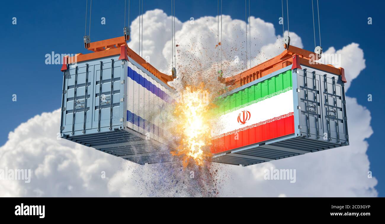 Two freight containers with Israel and Iran national flag crashing into eachother. 3D Rendering ...