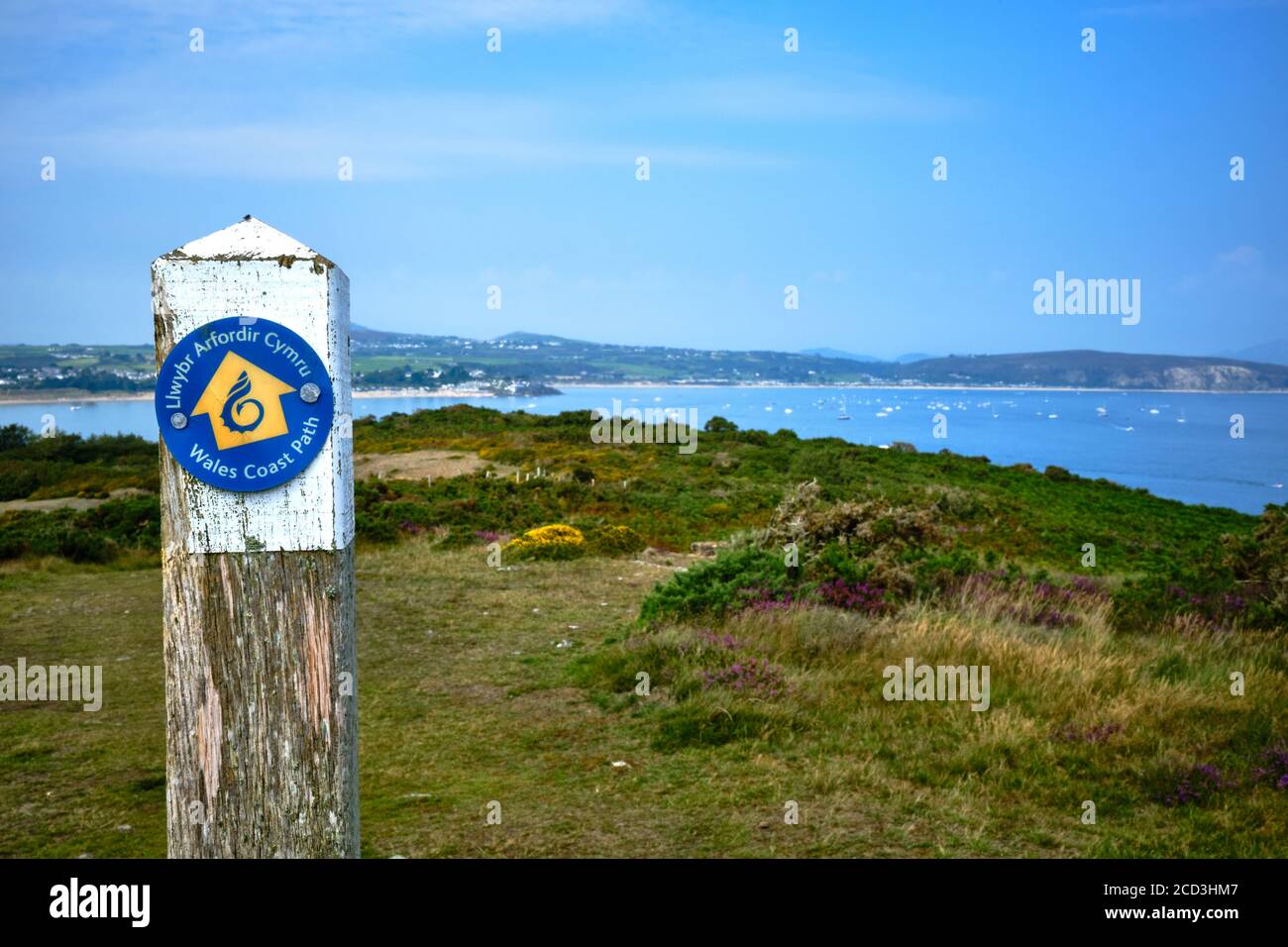 A sign post on the Wales Coast Path near Abersoch on the Llyn Peninsula ...