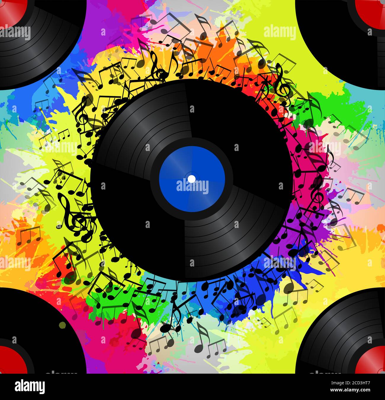 Seamless texture with a vinyl record, music notes and rainbow ...