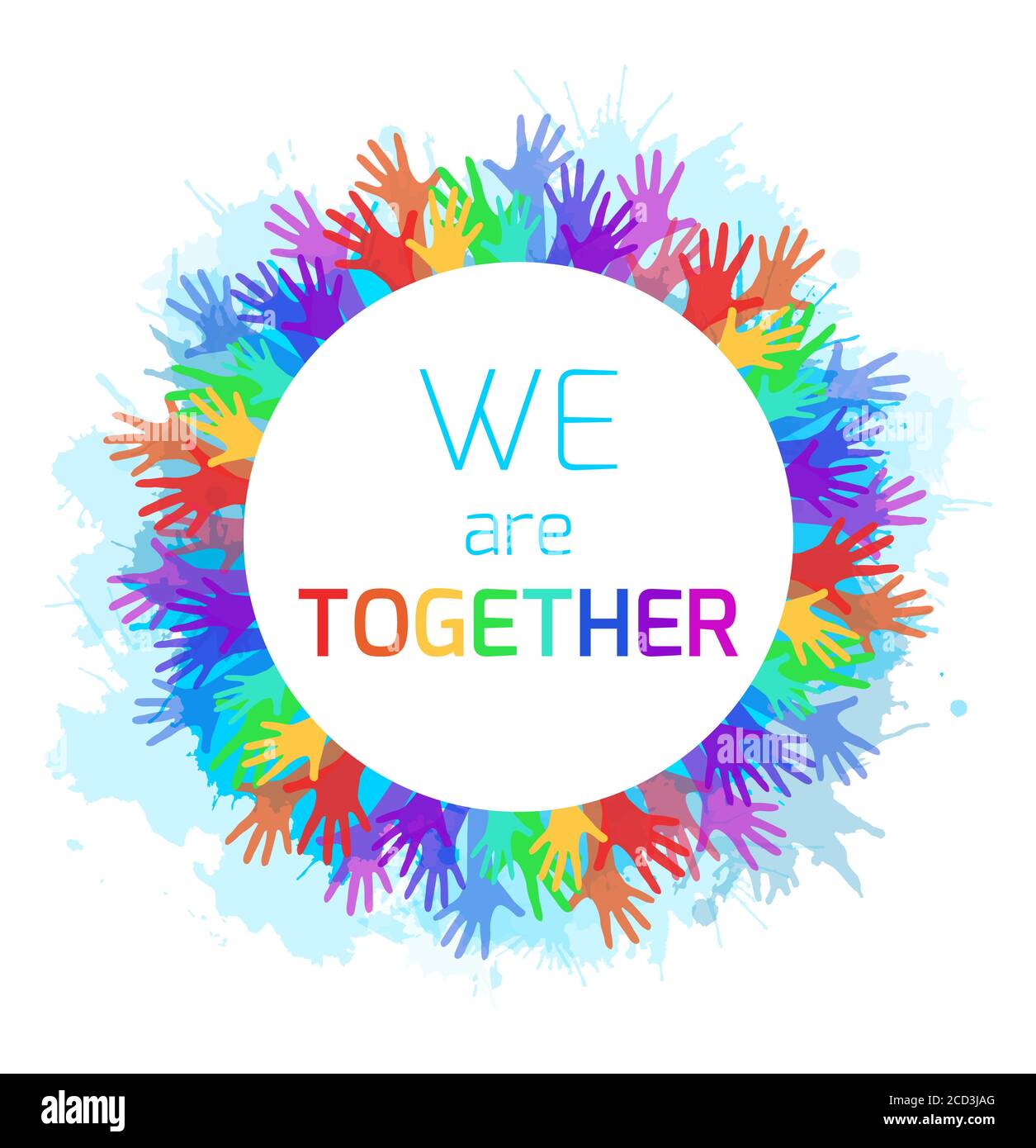 Round frame with rainbow hands and watercolor spray. Unity and ...