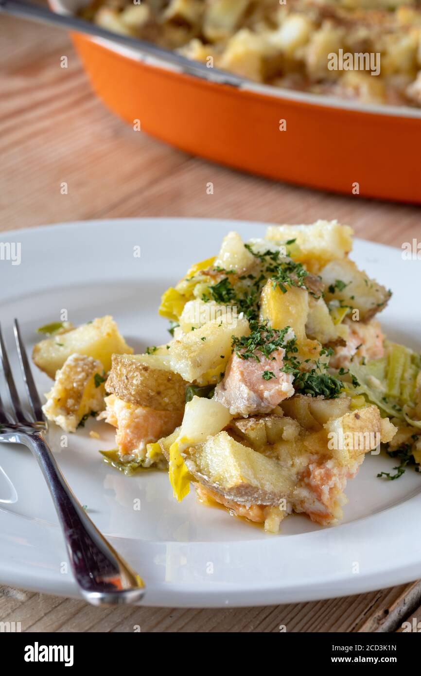 Salmon and leek crumble Stock Photo - Alamy