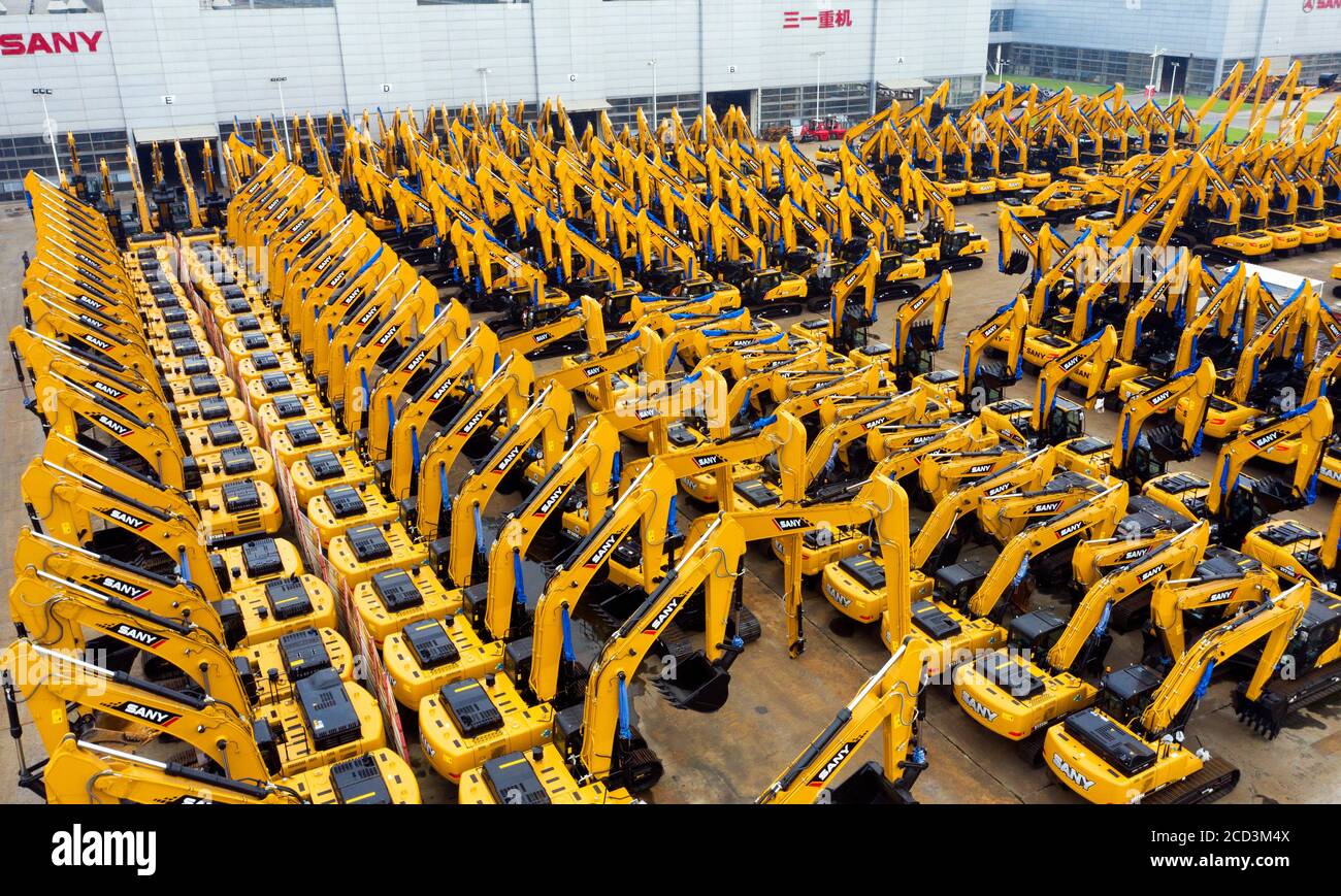 An aerial view of arrays of excavators at a factory of Chinese ...