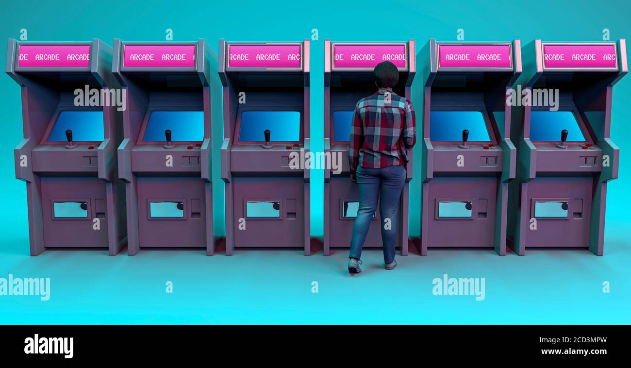 Game room. Arcade games. Person in front of an old game. Retro video ...