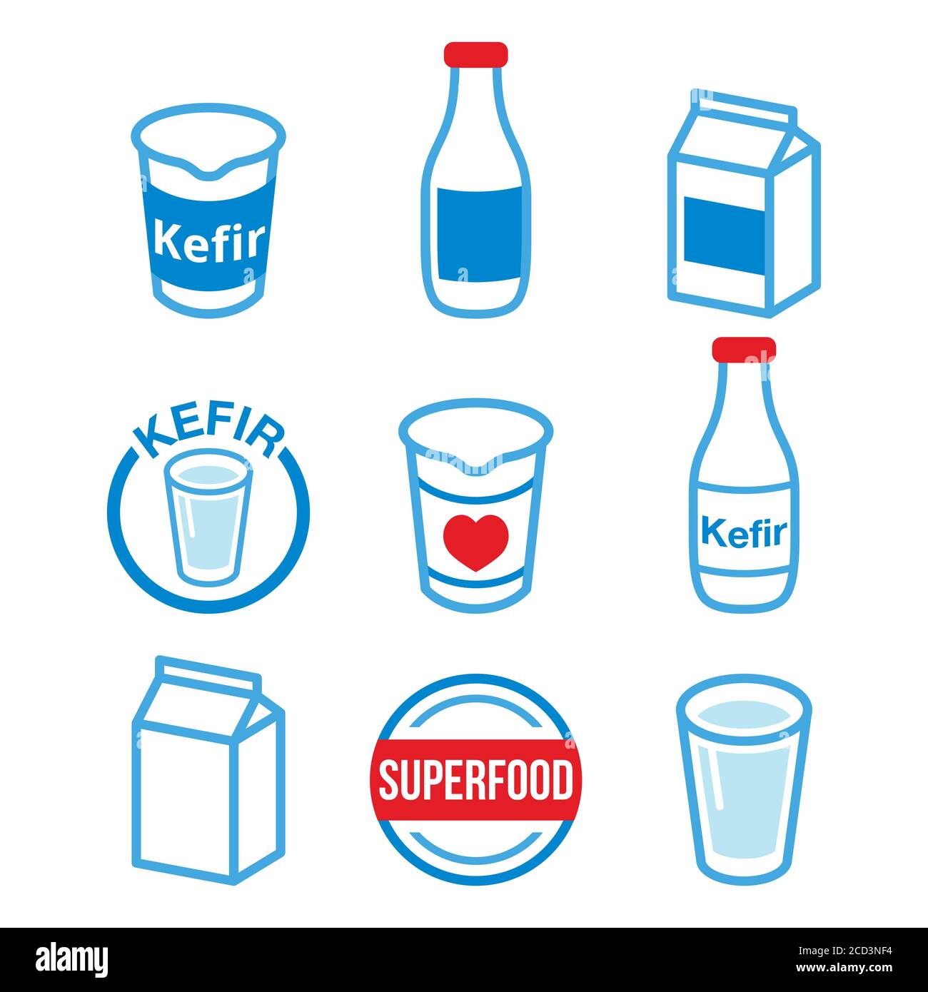 Kefir or kephir, fermented milk product, superfood vector icons set ...