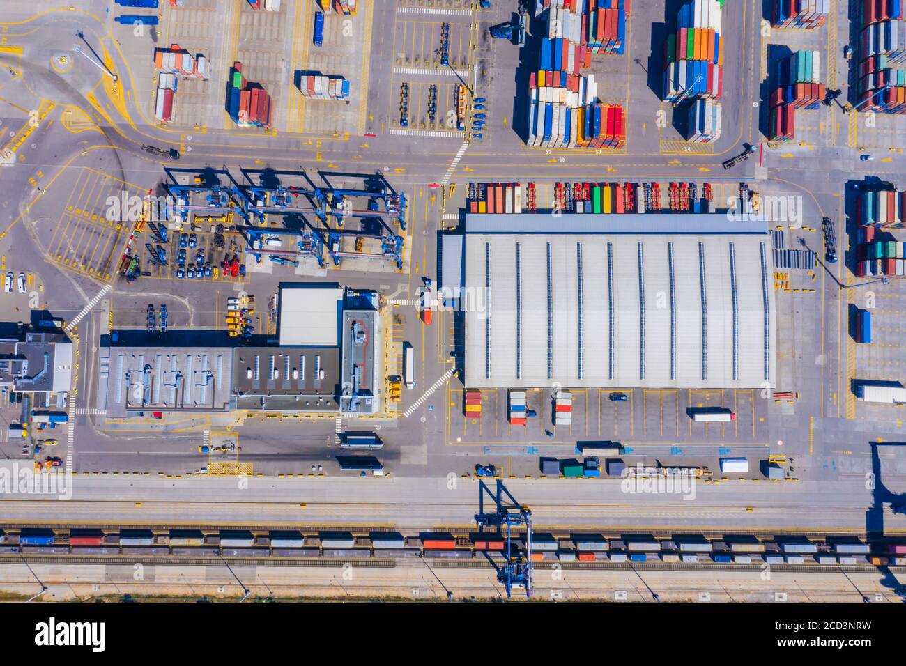 Aerial view of huge area with stacked cargo containers at the port ...
