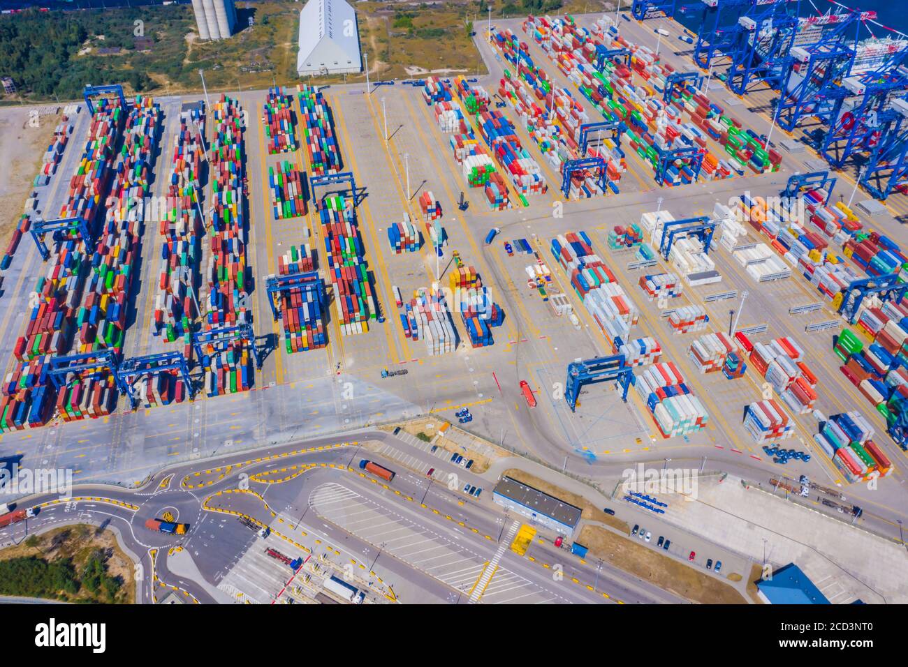 Aerial view of huge area with stacked cargo containers at the port ...