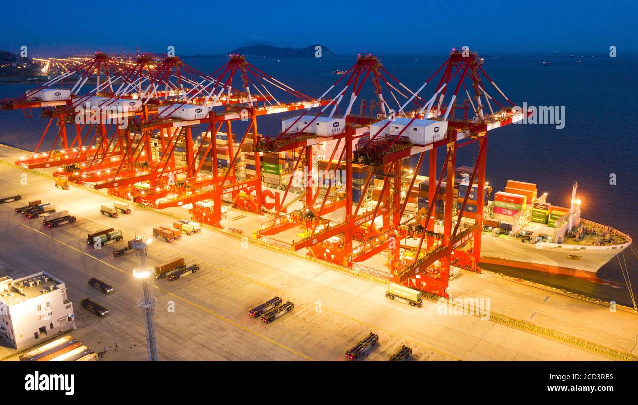 Aerial view of container vessels working at the Yangshan Port in ...