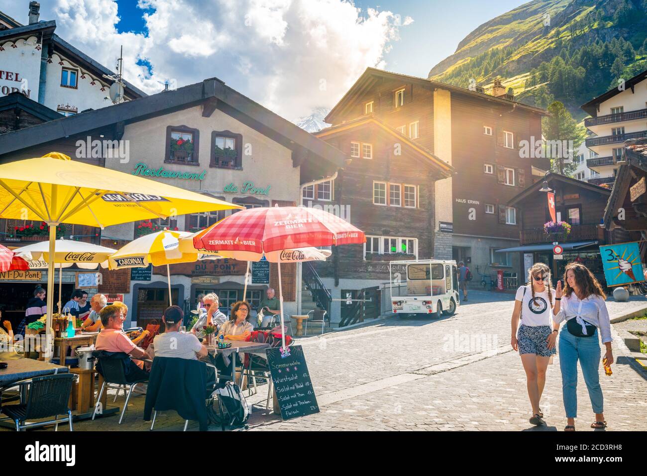 Zermatt Switzerland , 2 July 2020 : Restaurant terrace and tourists on ...