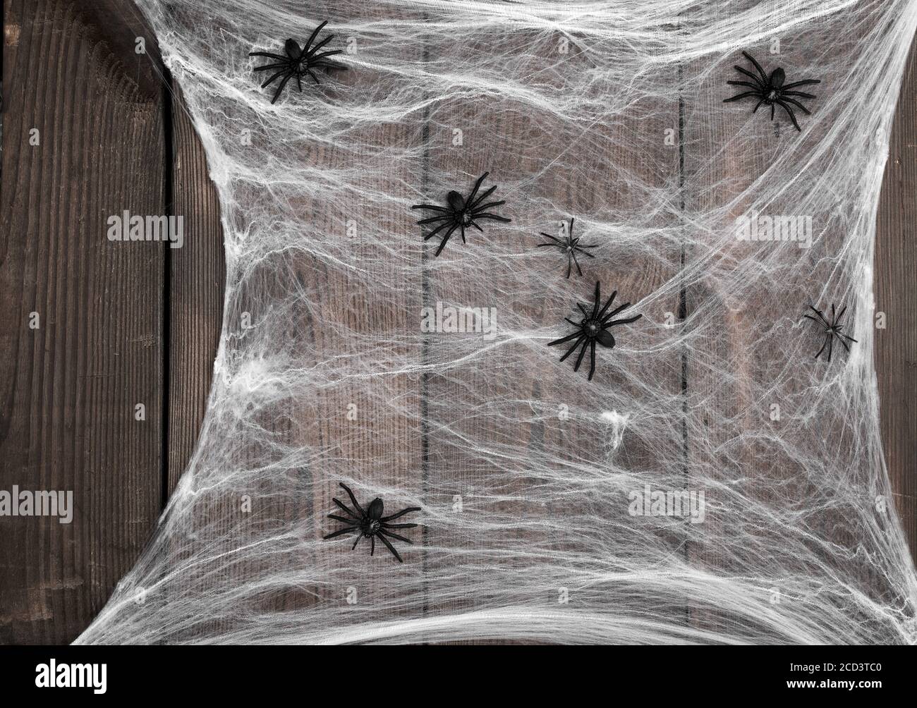 white spider web with black spiders on a wooden background from old ...