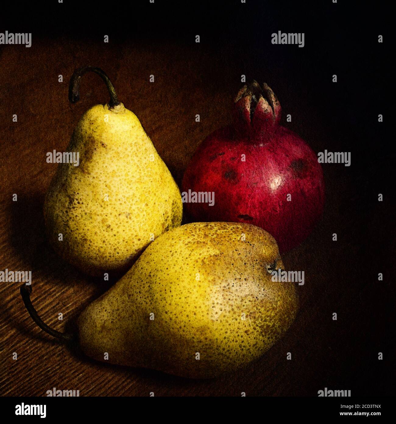 A couple of Fresh ripe organic yellow pears and one pomegranate on ...