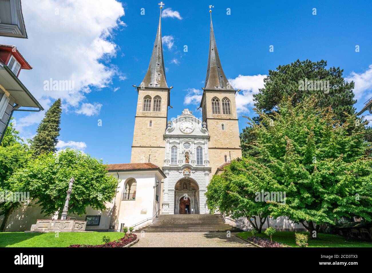 Facade front view of the court Church of St Leodegar in Lucerne ...