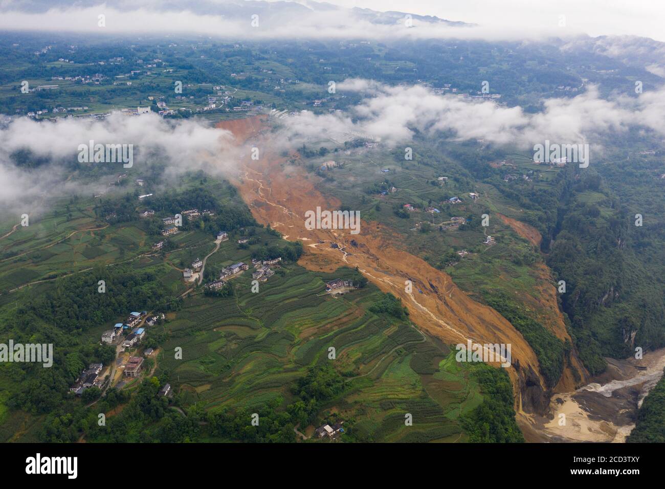Aerial view of Qingjiang River turning into yellow due to landslide ...