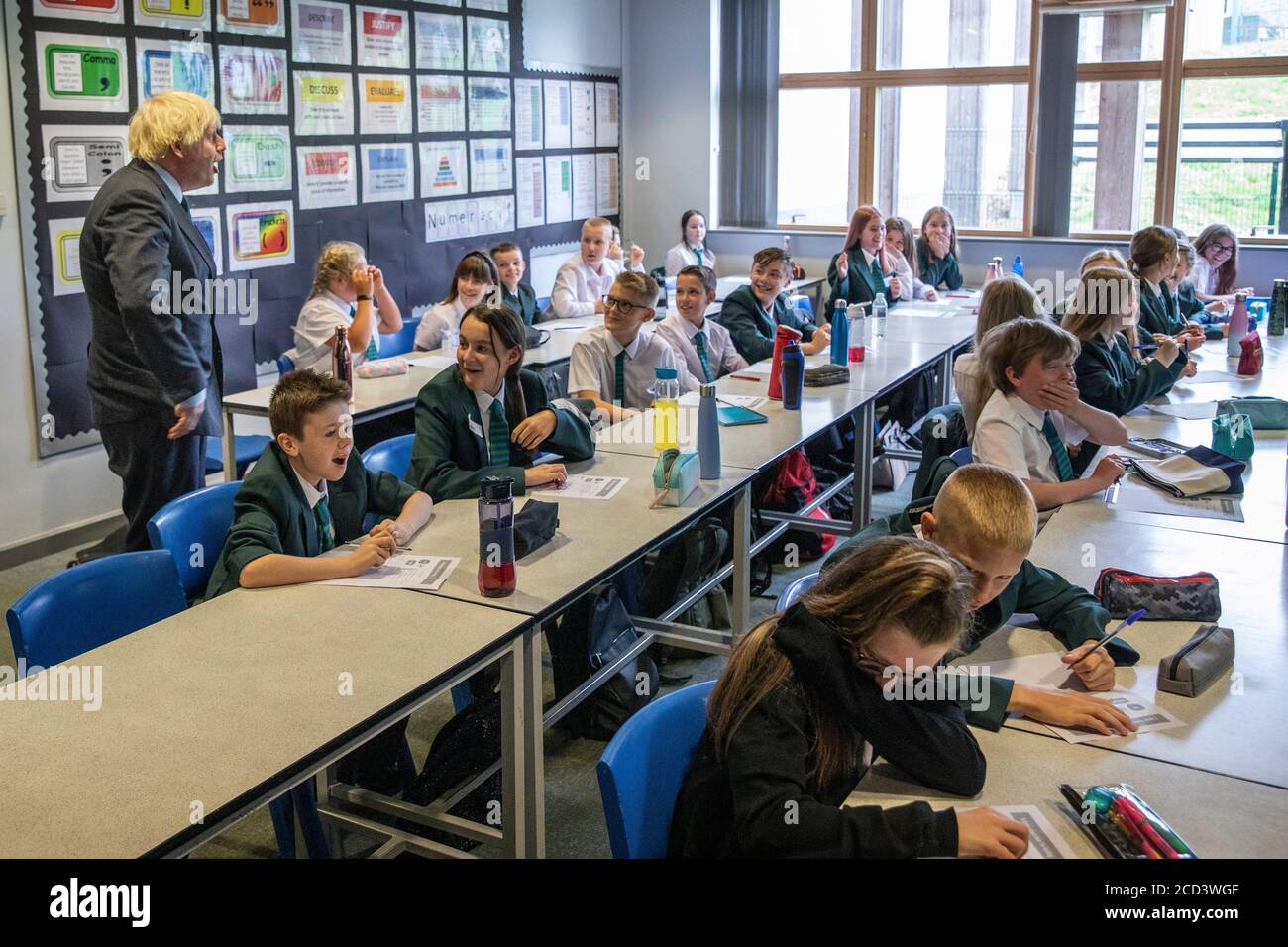 Prime Minister Boris Johnson visiting a year 7 class on their first day ...
