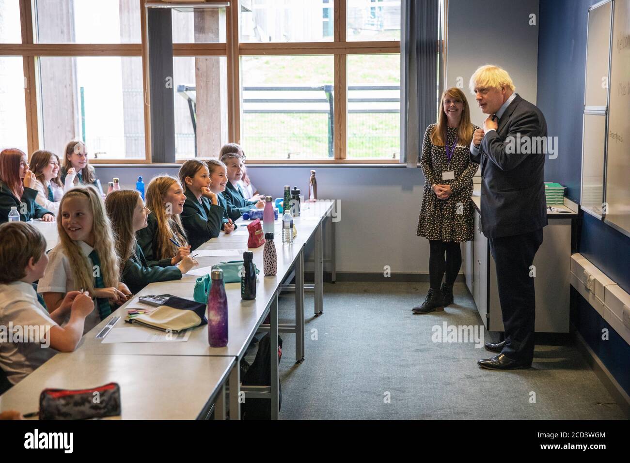 Prime Minister Boris Johnson visiting a year 7 class on their first day ...