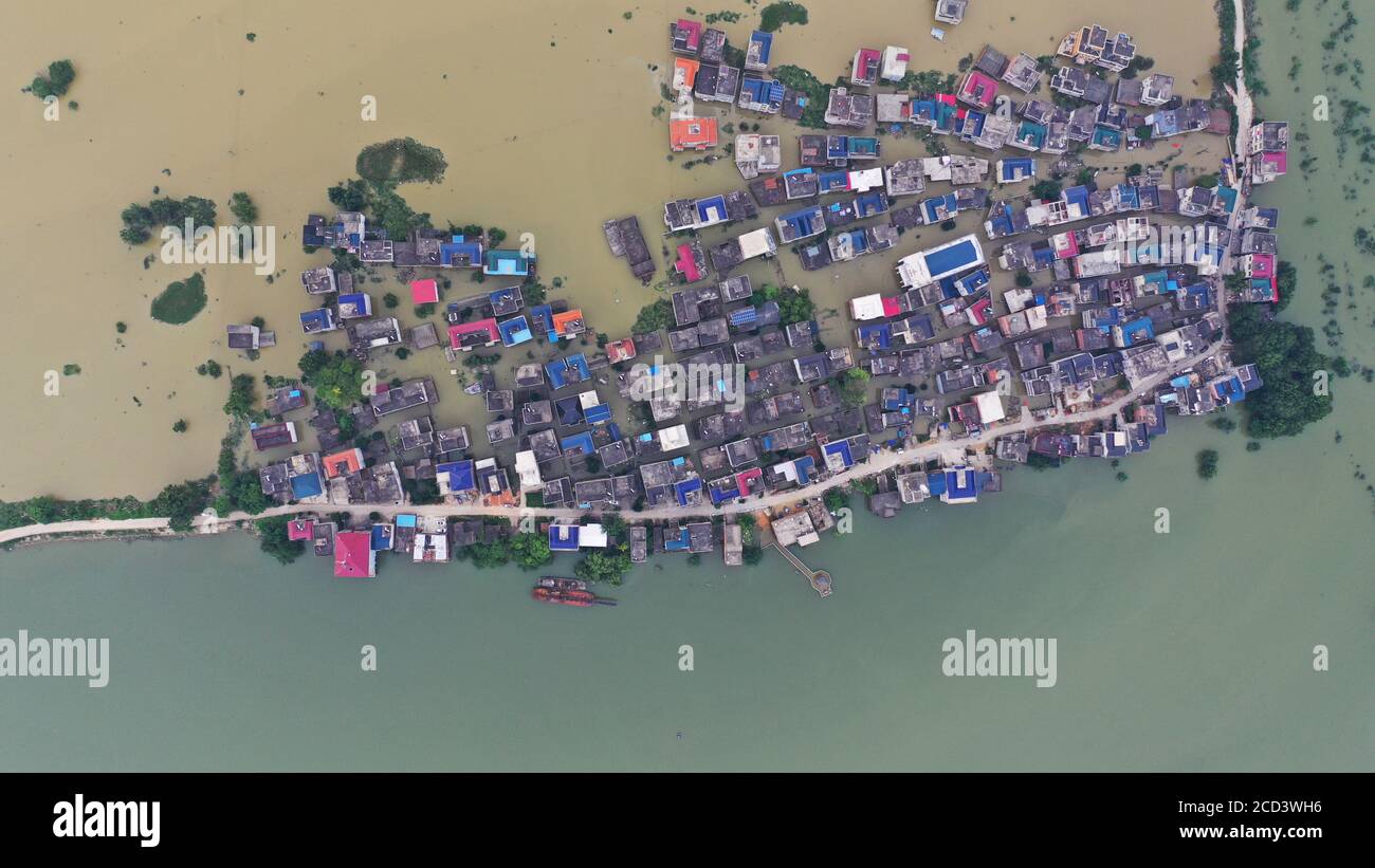 Aerial view of the villages submerged by flood caused by continuous ...