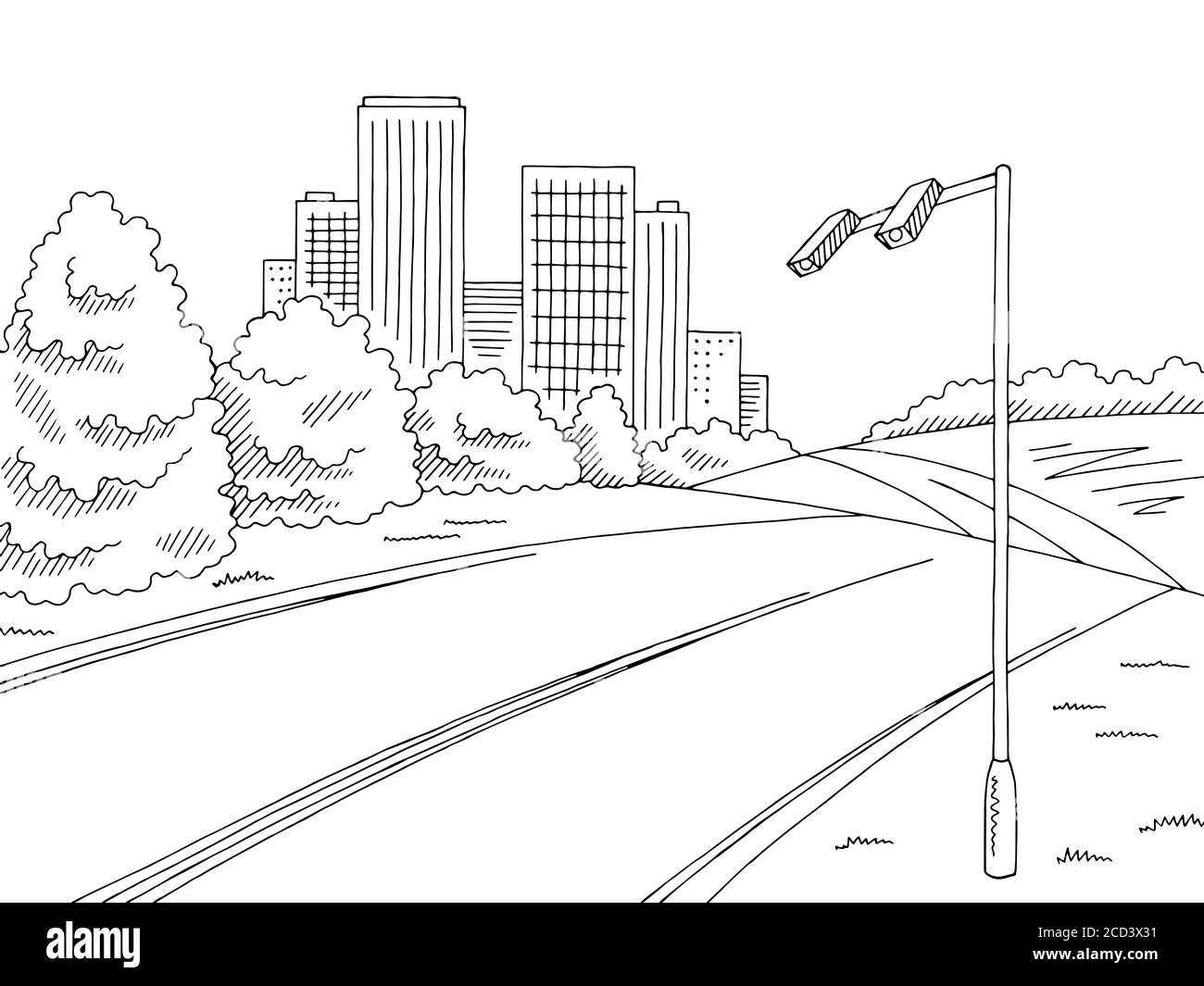 Road city graphic speed camera black white landscape sketch ...