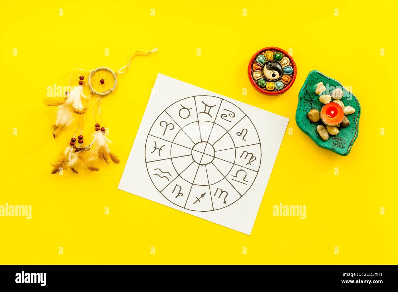 Horoscope concept. Zodiac signs in horoscopic wheel, top view Stock ...