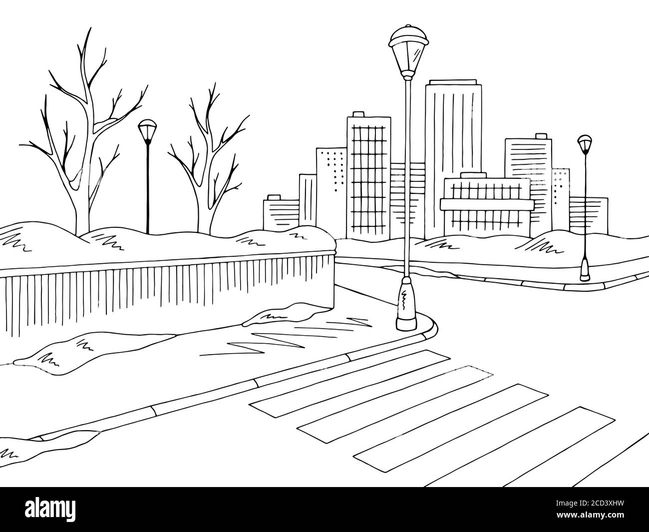 Winter street graphic black white landscape sketch illustration vector ...