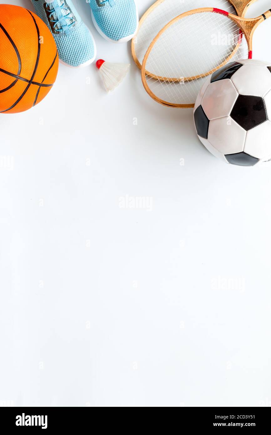 Frame of sport balls - football, basketball, badminton on white ...