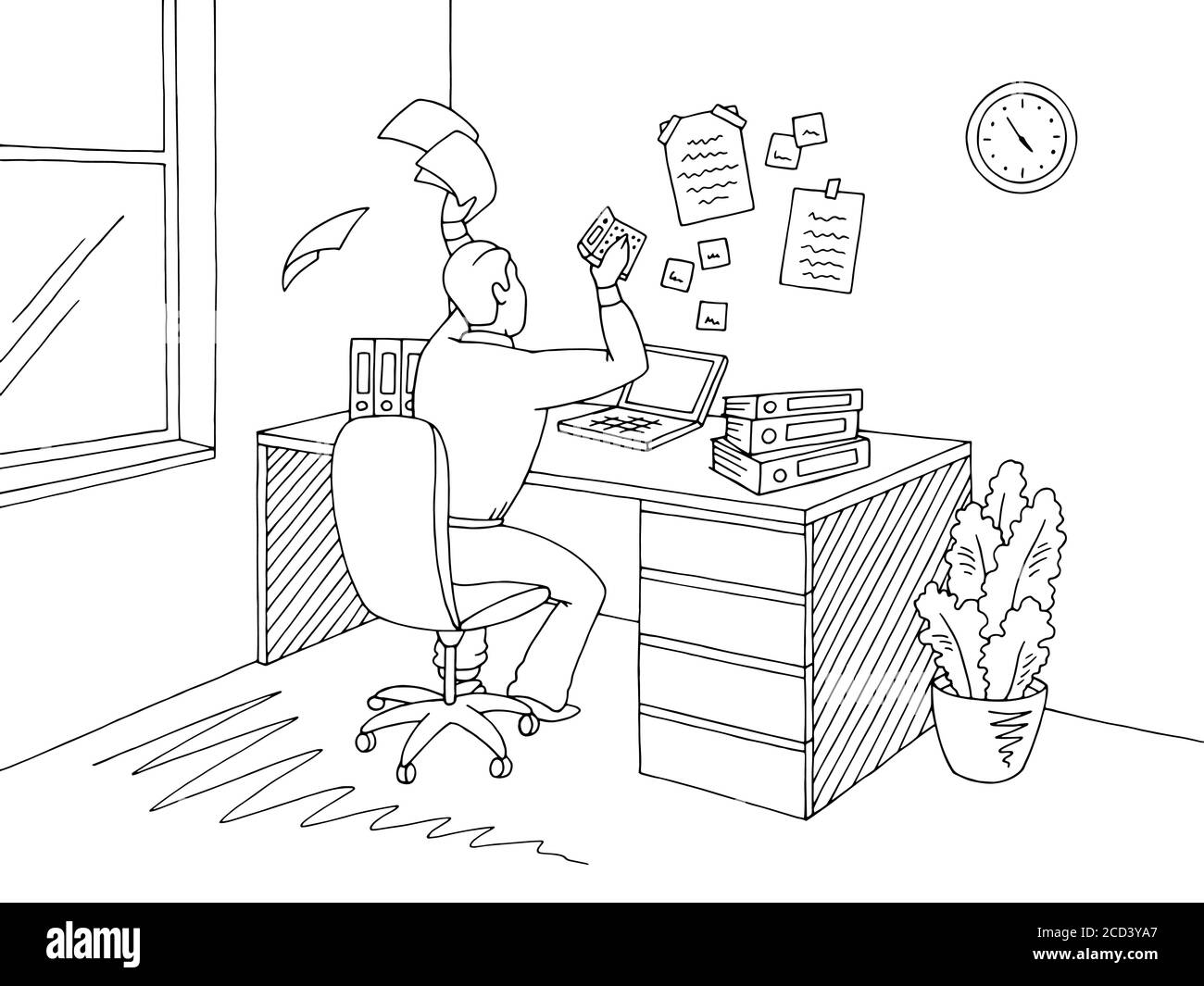 Man sitting on a chair and throwing paper feeling stress. Office room ...