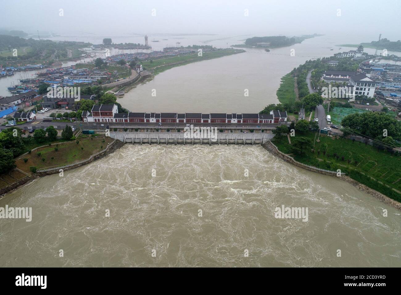 An aerial view of floodgates of a dam on the Hongze lake discharging ...