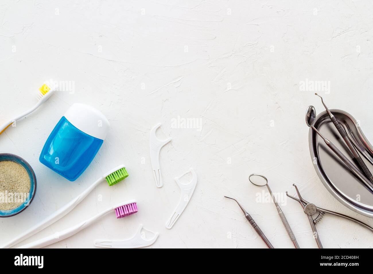 Set of different tools for dental care and hygiene. Top view, flat lay ...