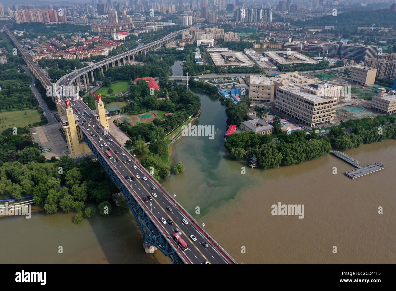 An aerial view of cars moving on the Nanjing Yangtze River Bridge, a ...