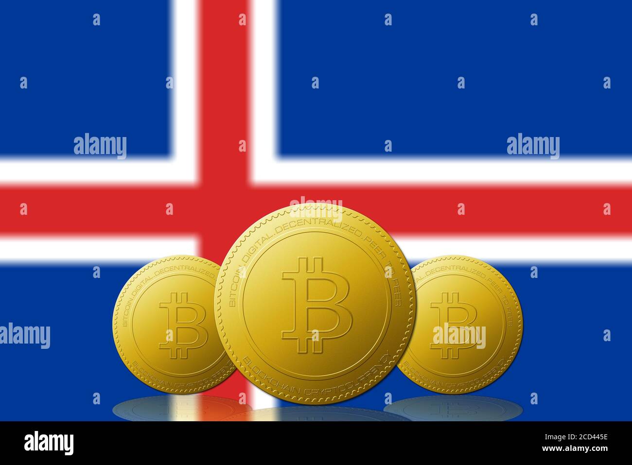 Three Bitcoins cryptocurrency with Iceland flag on background Stock ...