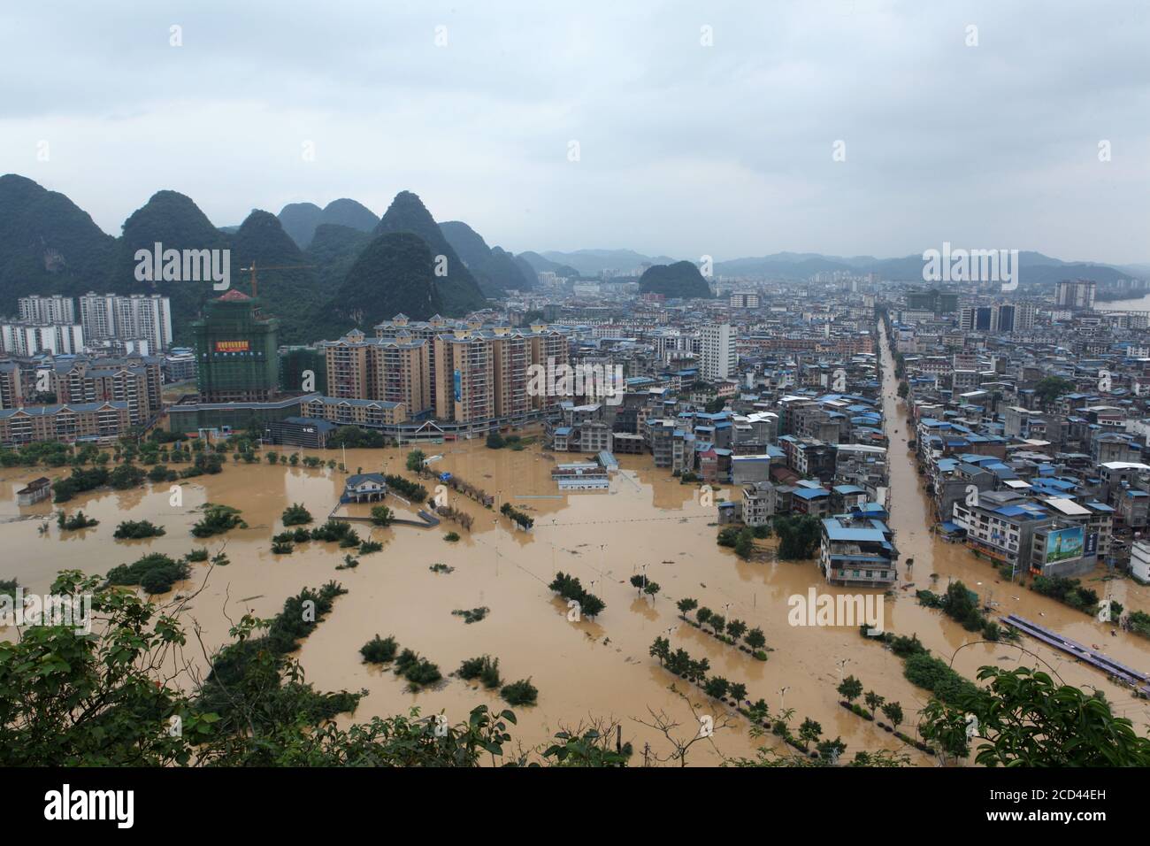Aerial view of residential aeras submerged by flood caused by heavy ...