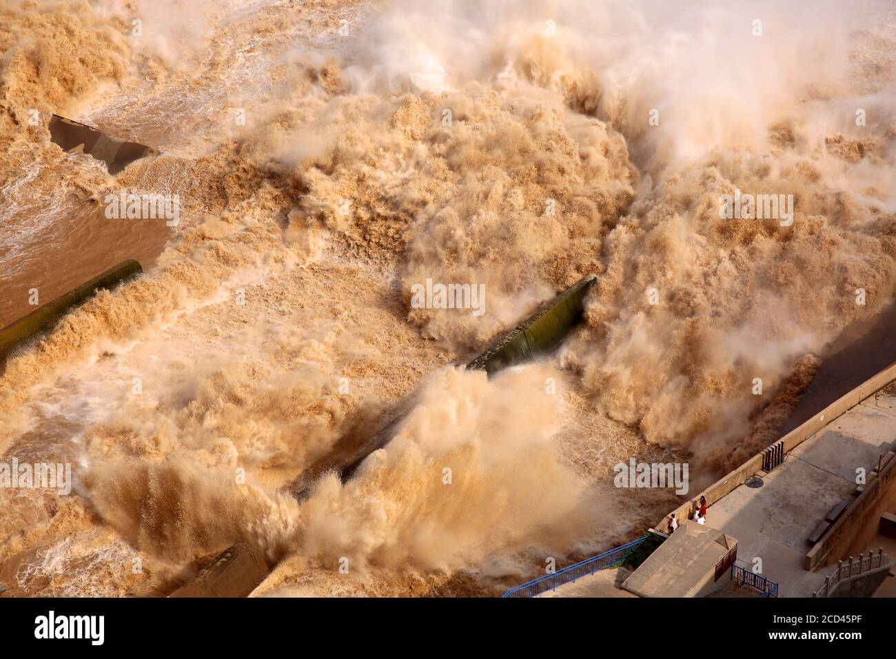 Aerial view of Sanmenxia Water Reservoir discharging water in Sanmenxia ...
