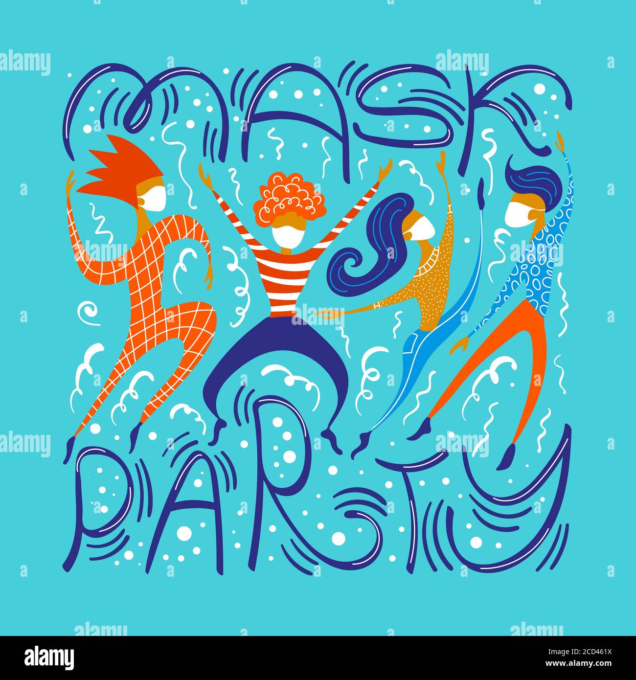 Mask party hand drawn concept. Dancing people with lettering and ...