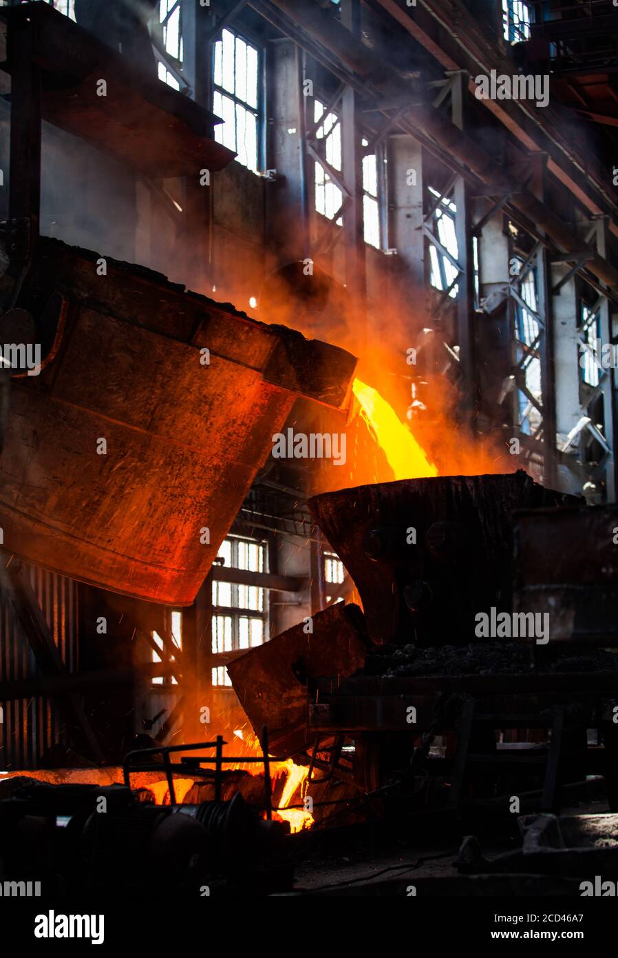 Metallurgy factory workshop. Melting and filling liquid metal from ...