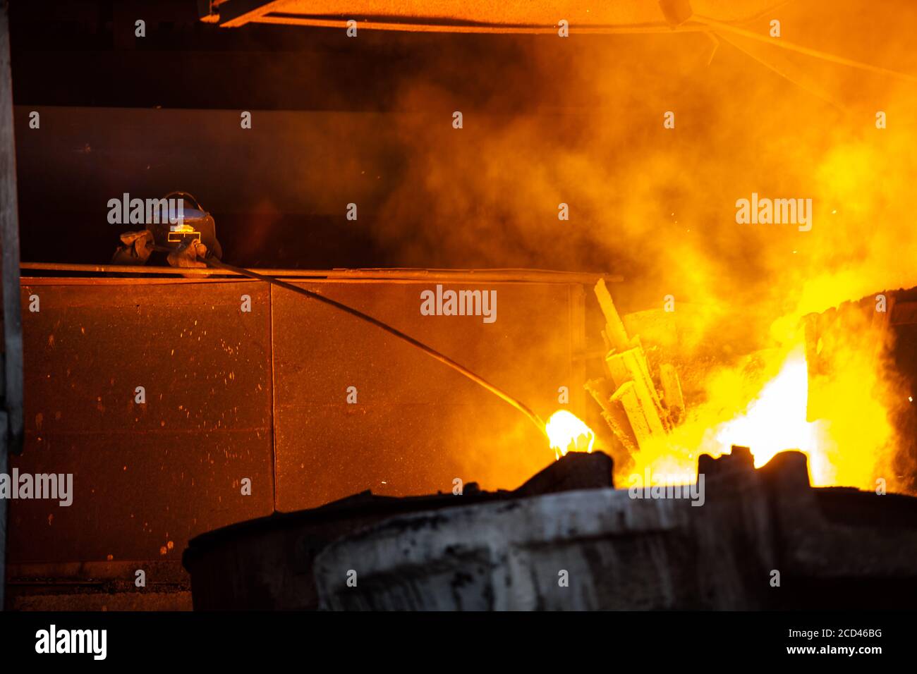 Metallurgy plant factory workshop. Melting of metal. Metallurgist at ...