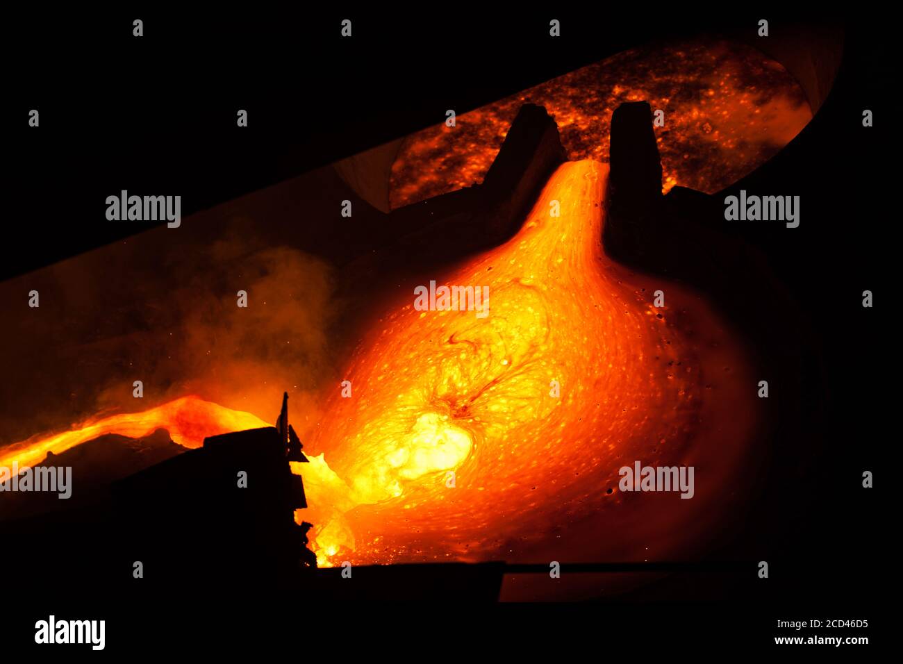 Metallurgy factory workshop. Melting process. Metallurgical bucket with ...