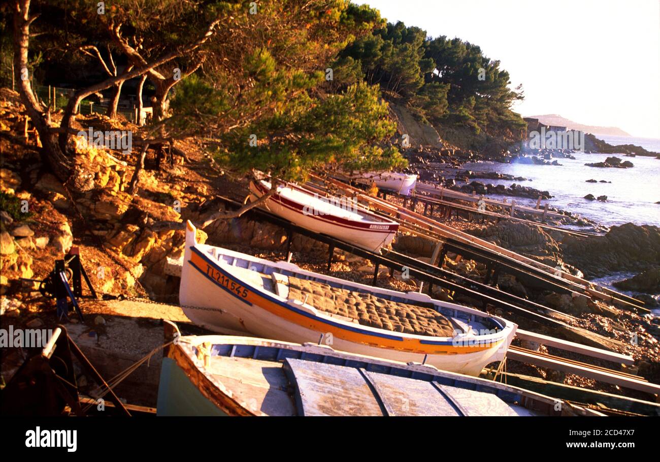 Typical Mediterranean boat on land in Provence Stock Photo - Alamy