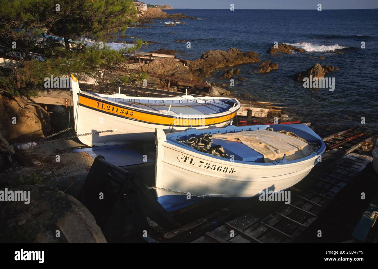 Typical Mediterranean boat on land in Provence Stock Photo - Alamy