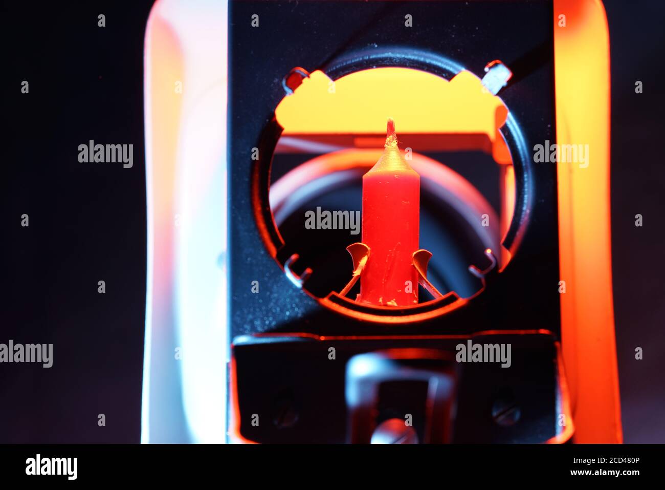 Closeup of an old broken camera with burnt-out candles on it against a ...