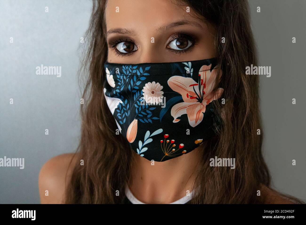 A Close up of a Woman Wearing Fabric, Home made, Protective, Face Mask ...
