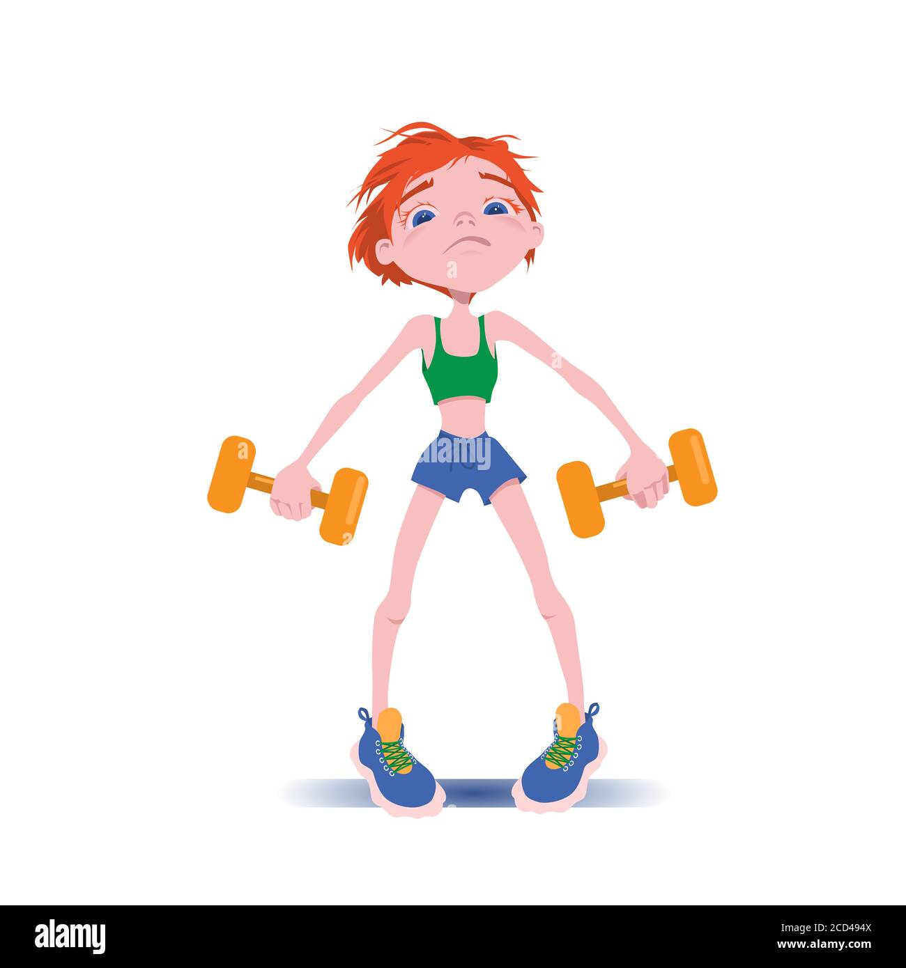 Young cute girl goes in for sports with dumbbells. Efforts to lift ...
