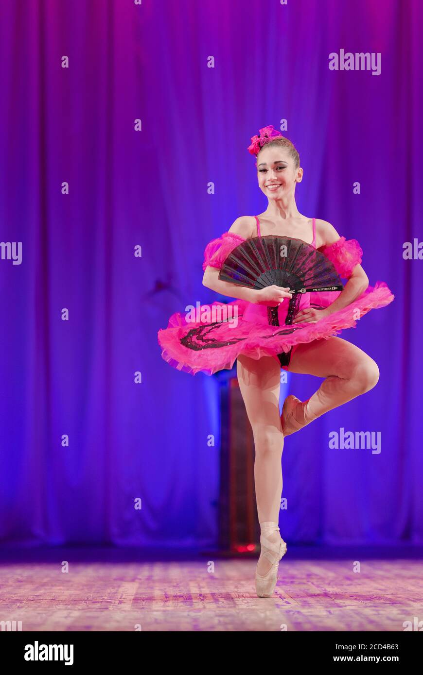 Young girl ballerina in a pink tutu performs with a performance on ...